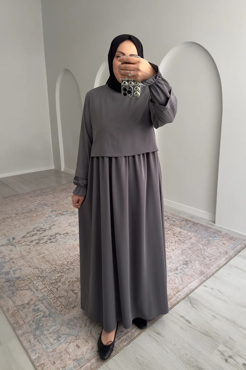 Layra Büzgülü Elbise - Kül - Esma Kaya